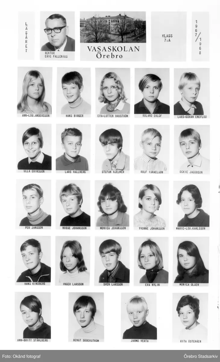 Klass 7 A Vasaskolan, 1967-1968 - Örebro Stadsarkiv / DigitaltMuseum