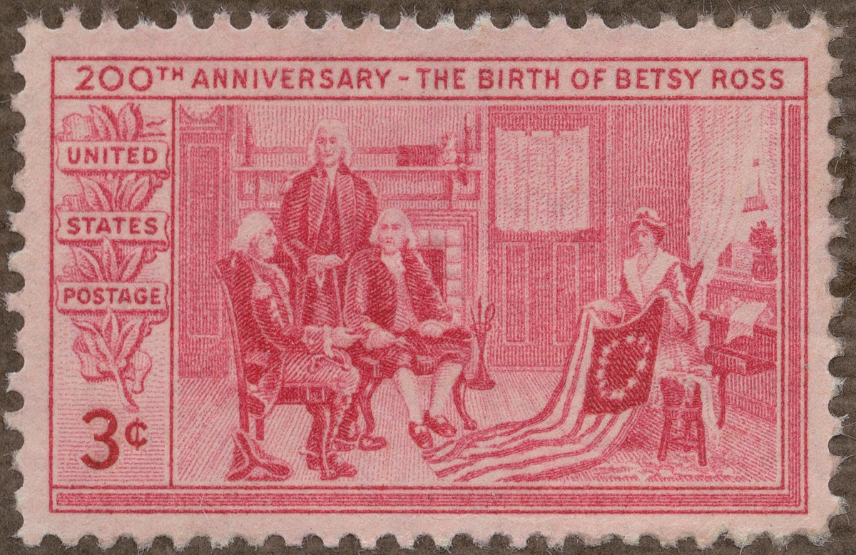 Frimärke med motiv av den första USA-flaggan, då Betsy Ross visar ...
