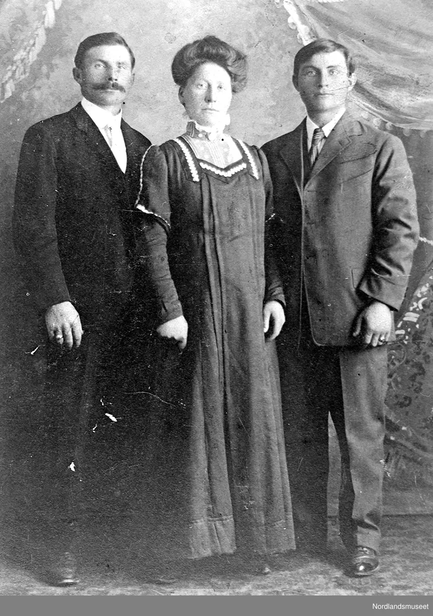 Portrett av en dame i mørk kjole, hvitt bryst og krage, hun står mellom ...