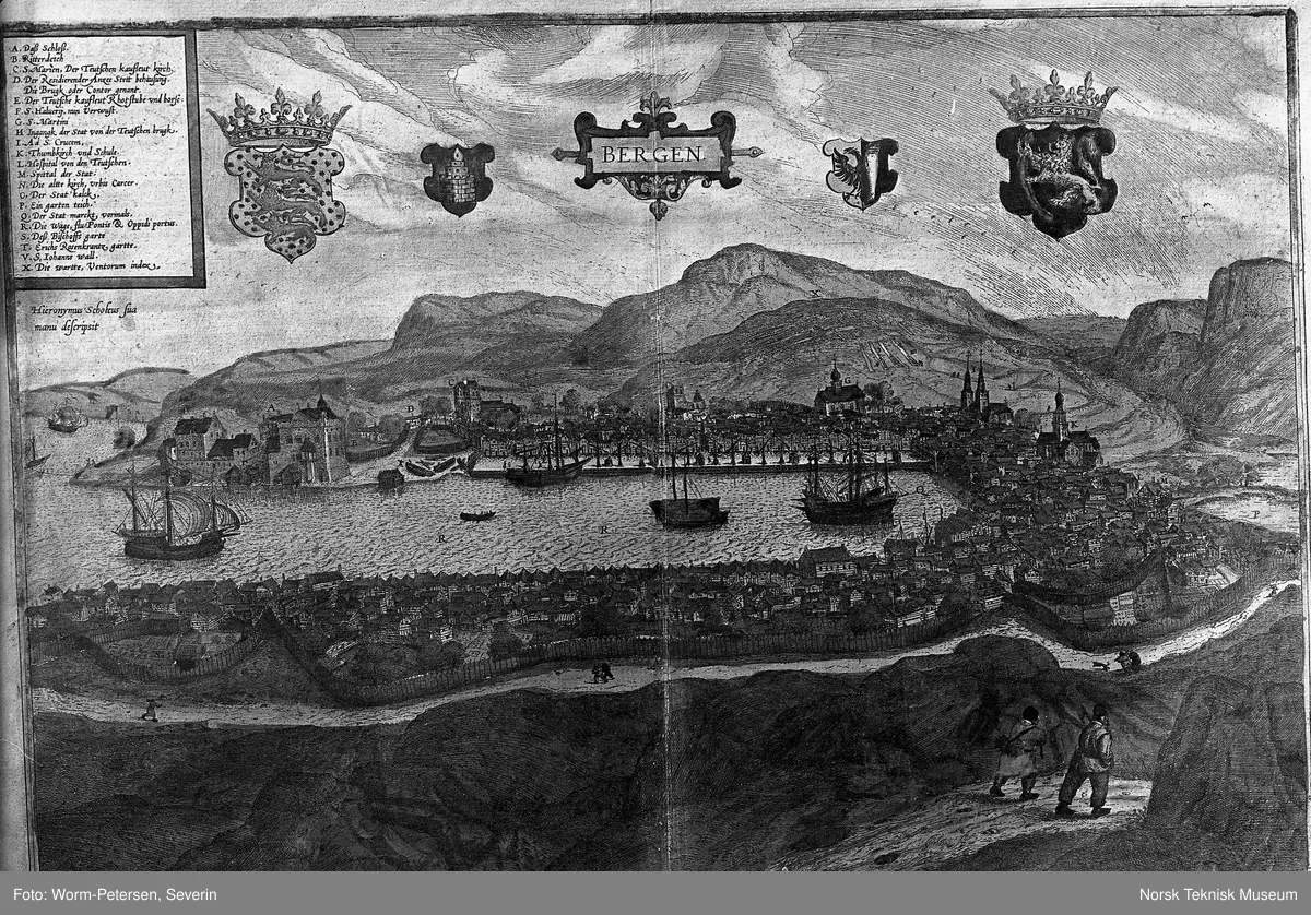 Gammel tegning av Bergen - Norsk Teknisk Museum / DigitaltMuseum