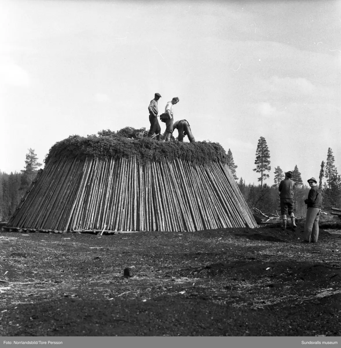 Bygge av en kolmila i Junsele. - Sundsvalls museum / DigitaltMuseum