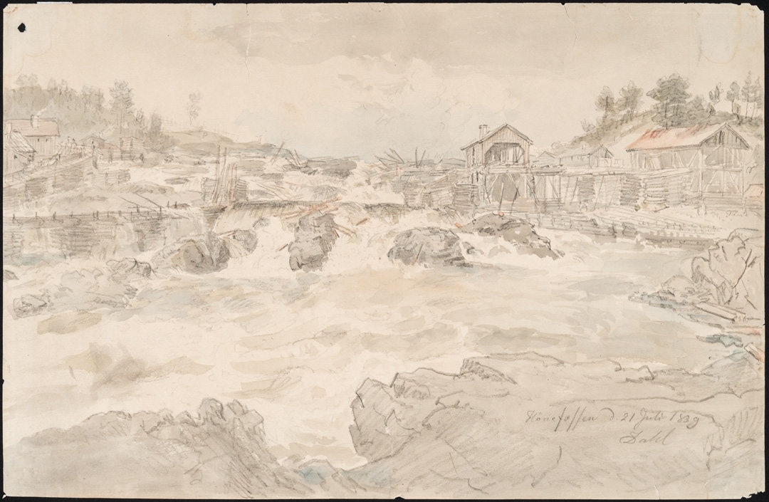 Hønefossen [Tegning] - KODE kunstmuseer og komponisthjem / DigitaltMuseum