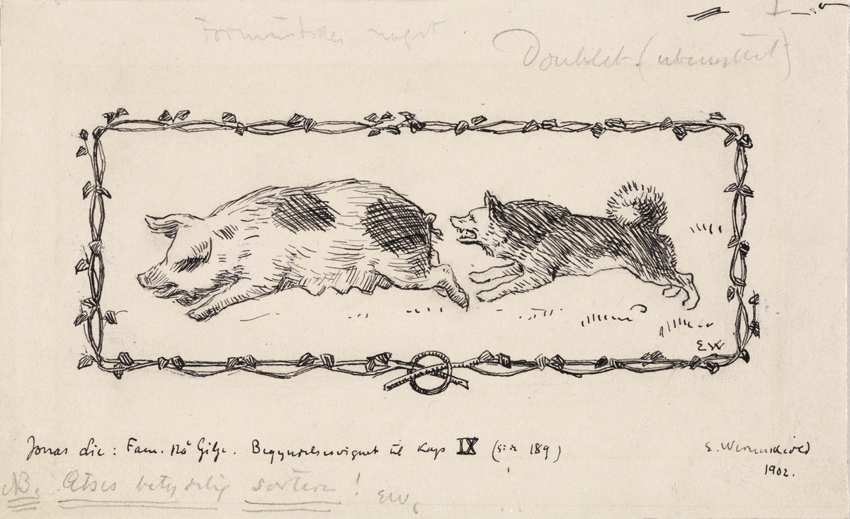 Løpende gris og hund [Tegning] - Nasjonalmuseet, billedkunstsamlingene / DigitaltMuseum