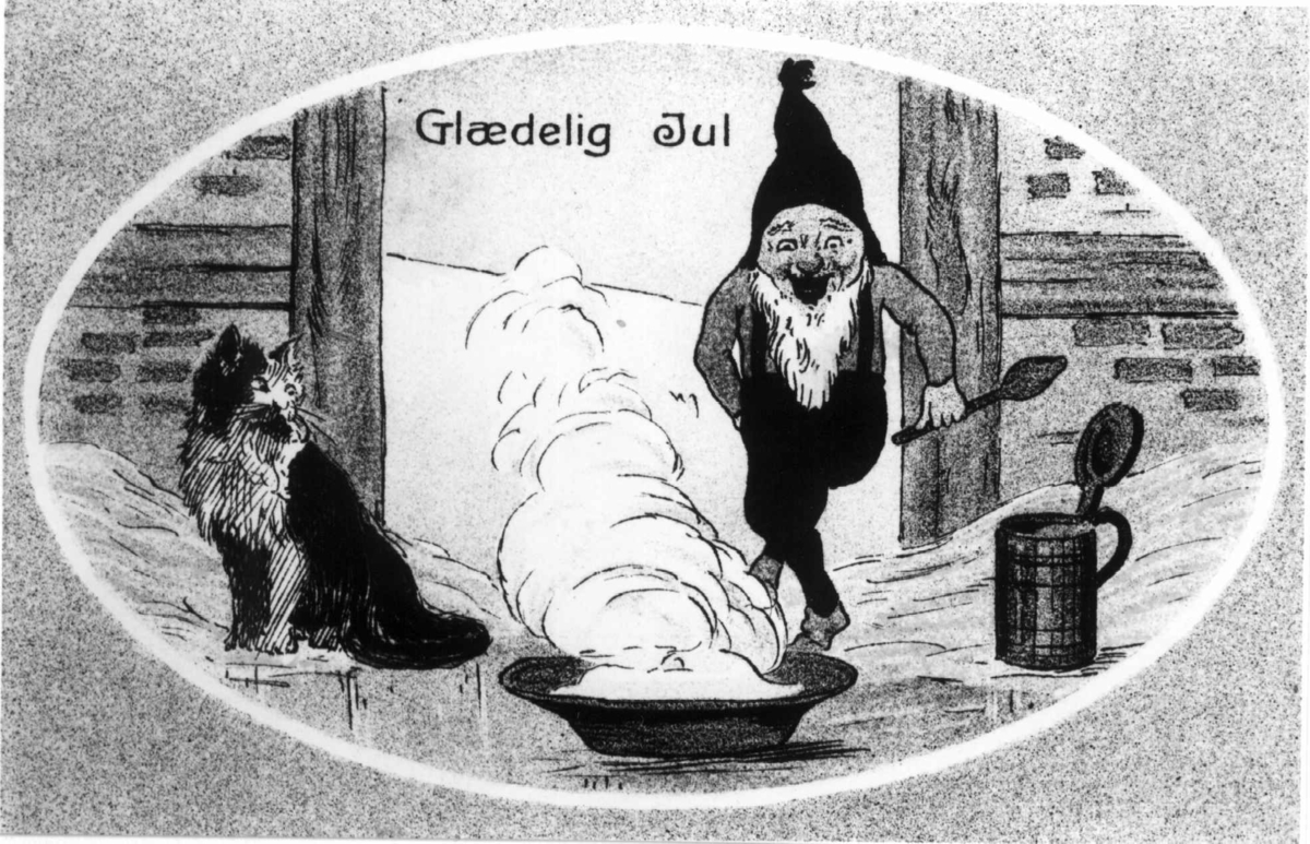 Postkort. Julekort. Julenisse spiser grøt med katt som tilskuer ...