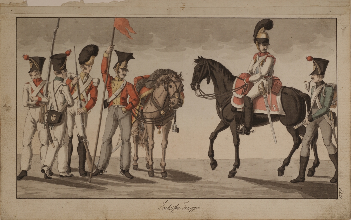 Sachsiska trupper. Originalteckning i färg av Carl Johan Ljunggren. - Armémuseum / DigitaltMuseum