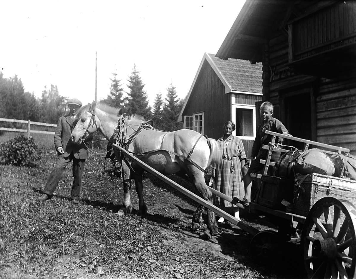 Hest og vogn utenfor Kvalstua, Helgøya. Kjørekar, fru Dybwad og Wilhelm D. - Anno Domkirkeodden ...