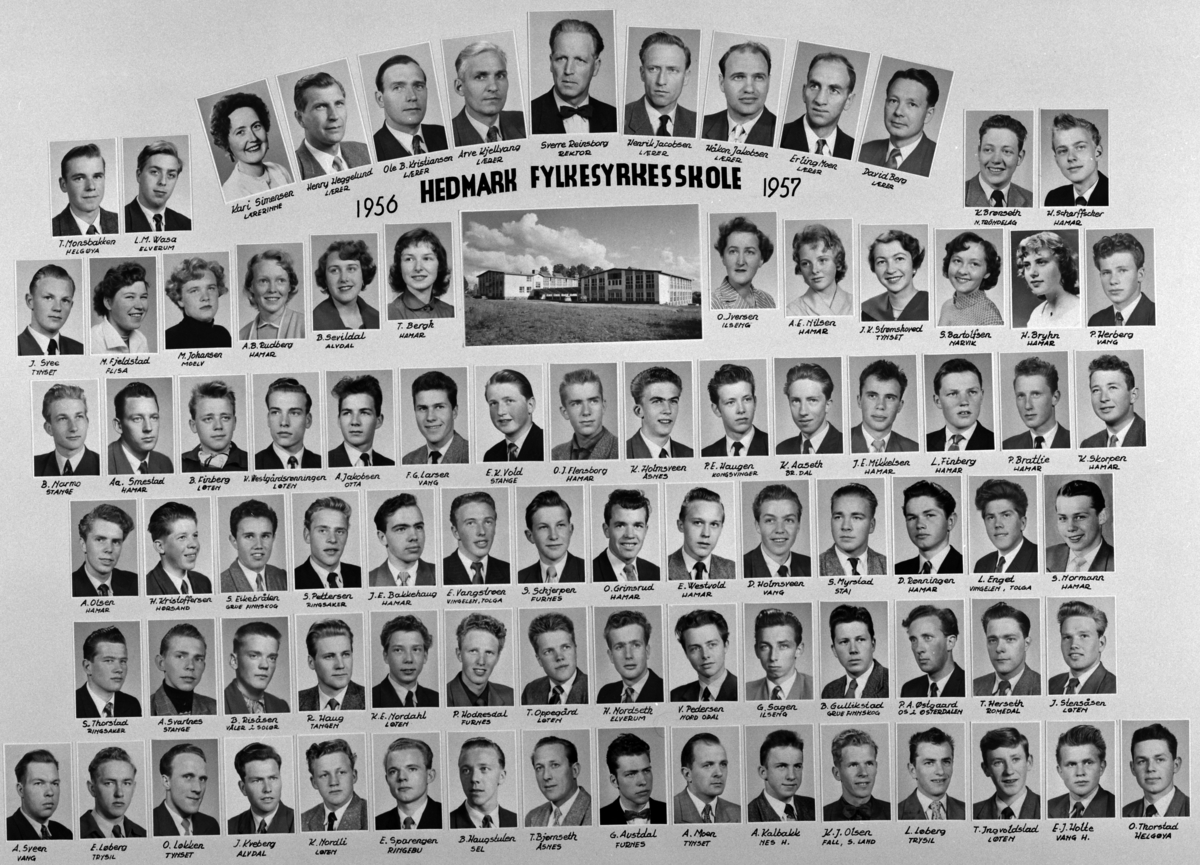 Gr: elever, Hedmark fylkesyrkesskole 1956-57, montasje, Hamar. Øverst ...