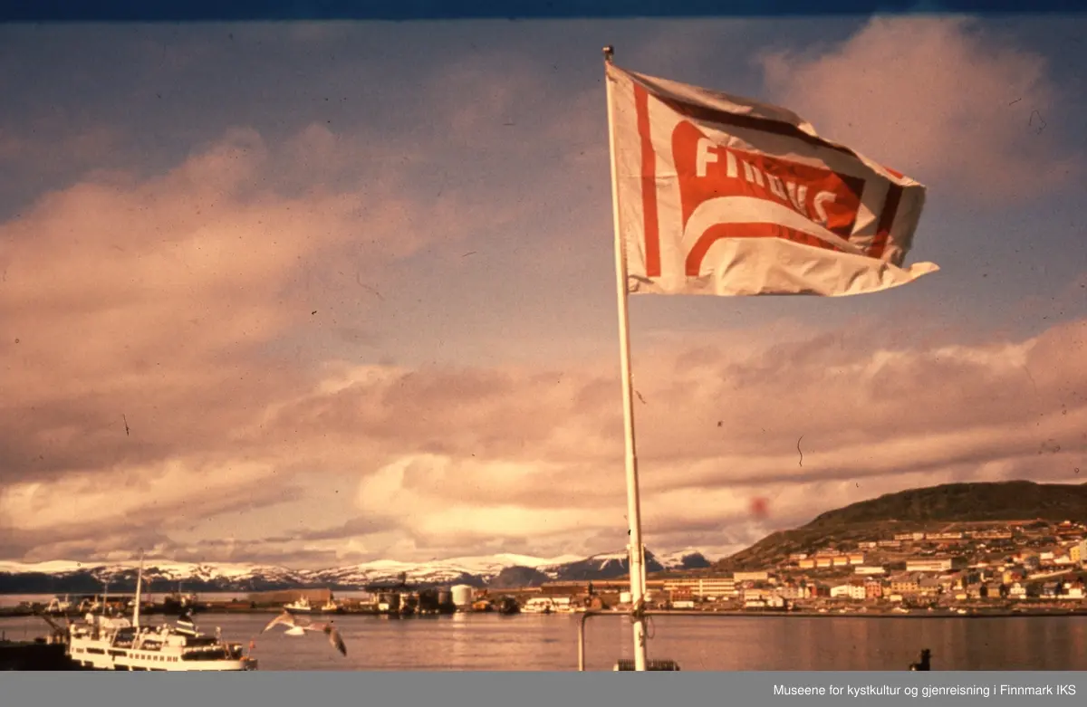Findusflagget vaier over Hammerfest. Fuglenes i bakgrunnen. Ved kaia ...